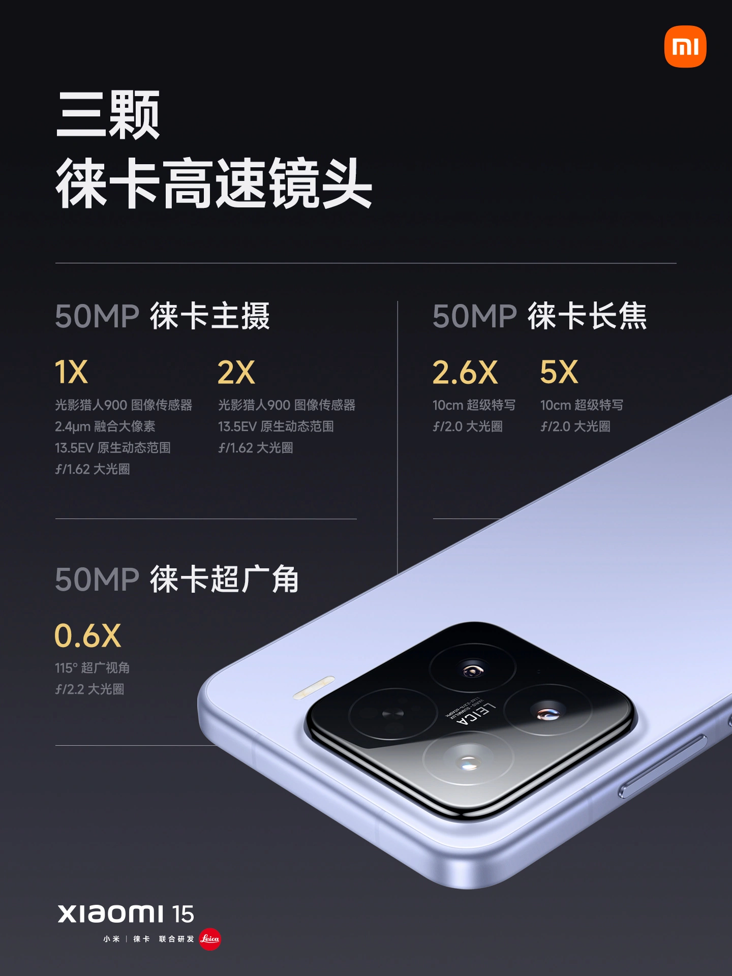 小米 15 手机影像配置公布：50MP 徕卡三摄，动态照片支持分享至微博、抖音、小红书